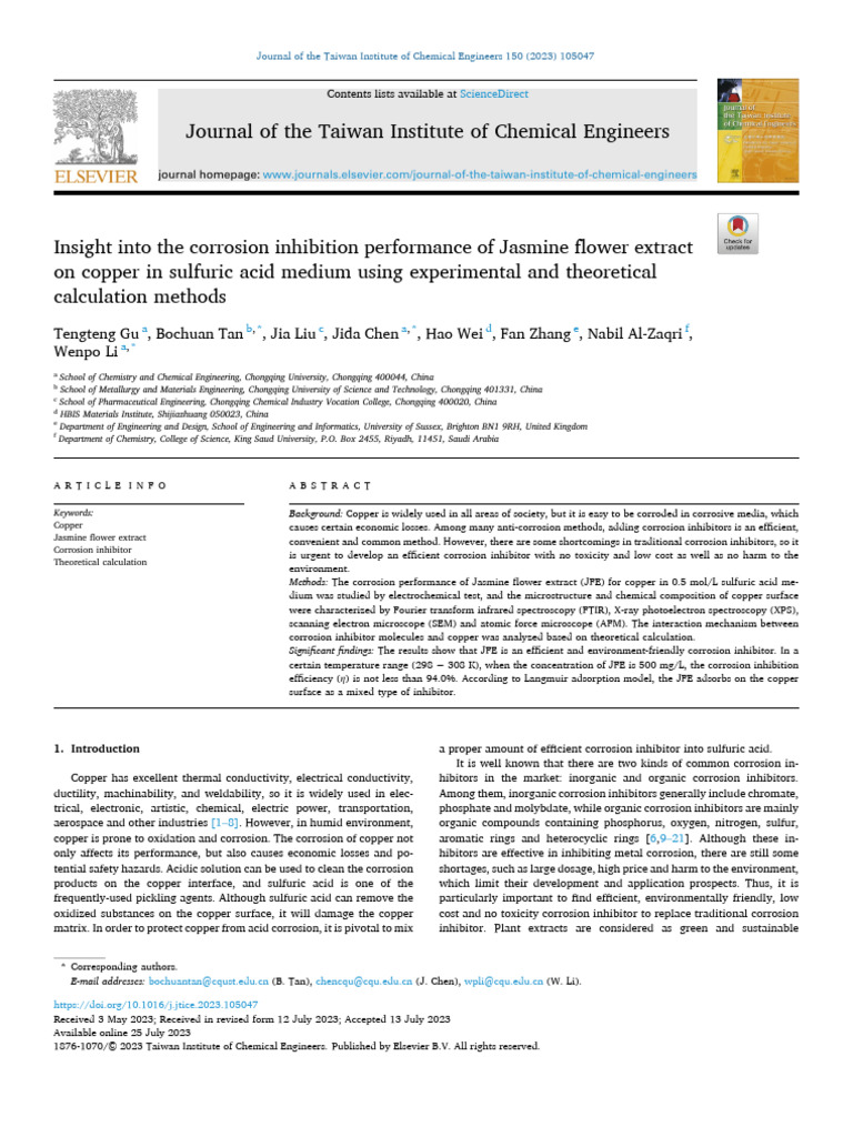 Jasmine Extract as Copper Corrosion Inhibitor | PDF | Adsorption ...