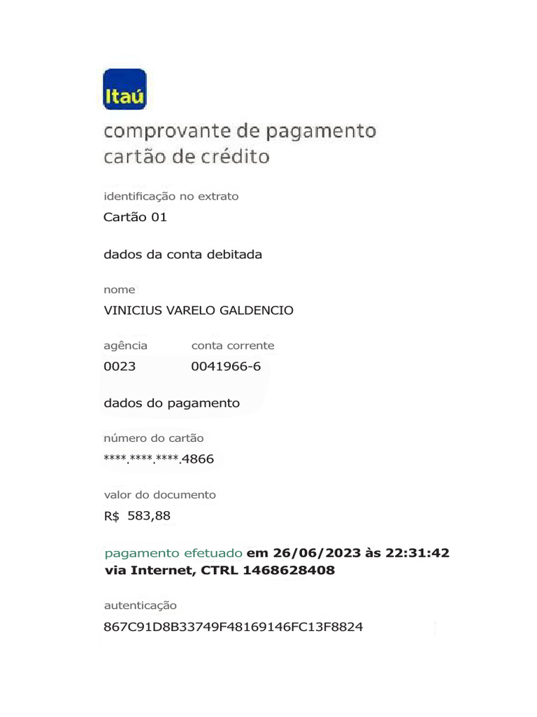 COMPROVANTE DE PAGAMENTO CARTÃO DE CREDITO | PDF COMPROVANTE DE PAGAMENTO CARTÃO DE CREDITO | PDF
