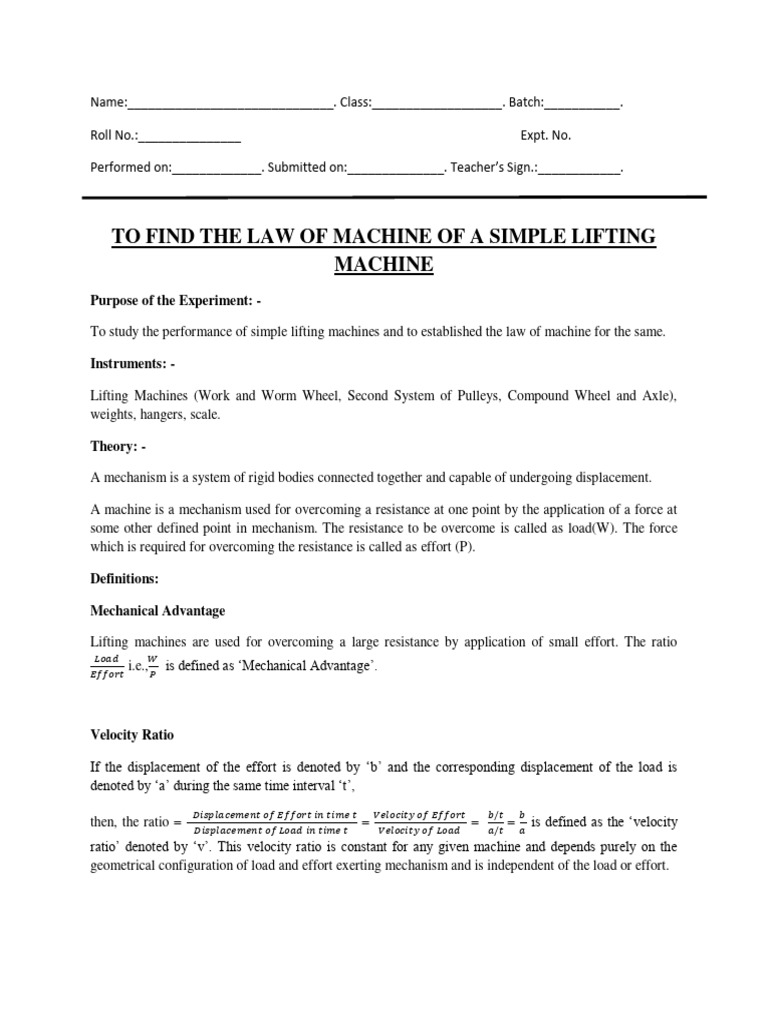 Practical No-3 (Law of Machine) | PDF | Machines | Mechanical Engineering Practical No-3 (Law of Machine) | PDF | Machines | Mechanical Engineering