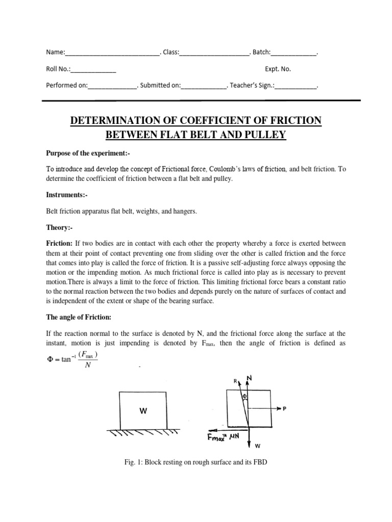Practical No-2 (Coeff of Friction Between Belt and Pulley) | PDF ...