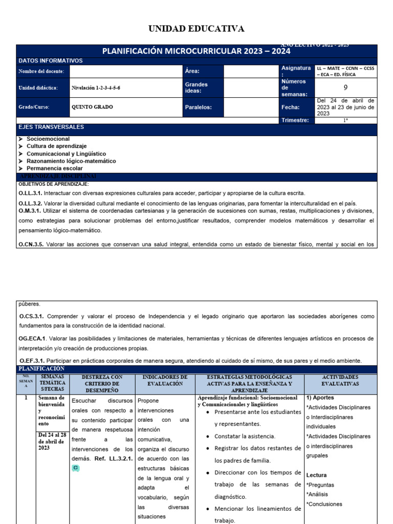 Planificación de 5to Año de Básica Semanas 1, 2,3,4,5,6,7,8,9 2023 ...
