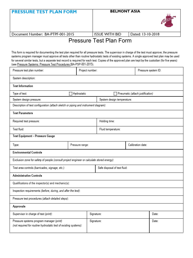 Pressure Test Plan Form | PDF | Pressure | Calibration