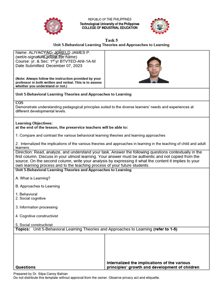 Task 5 Behavioral Learning Theories and Approaches To Learning Final ...