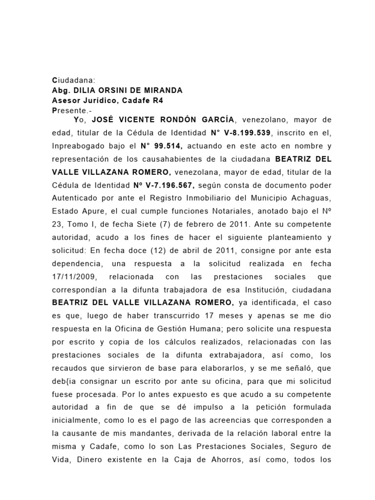 Solicitud de Prestaciones Sociales Cadafe | PDF | Venezuela