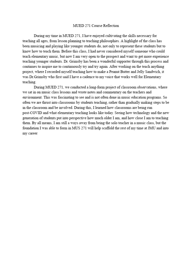 MUED 271 Course Reflection Insights | PDF