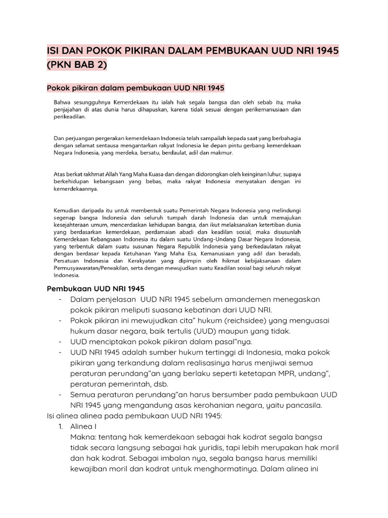 ISI DAN POKOK PIKIRAN DALAM PEMBUKAAN UUD NRI 1945 (PKN BAB 2) | PDF