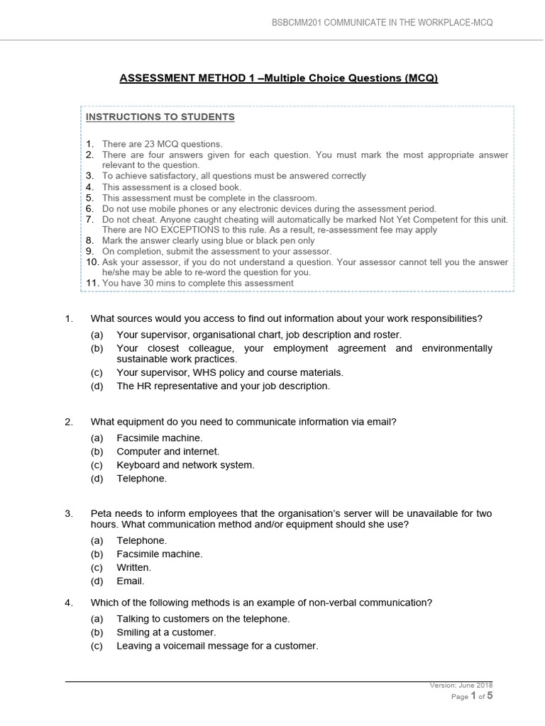 1 BSBCMM201 MCQ V0618 | PDF | Communication | Multiple Choice