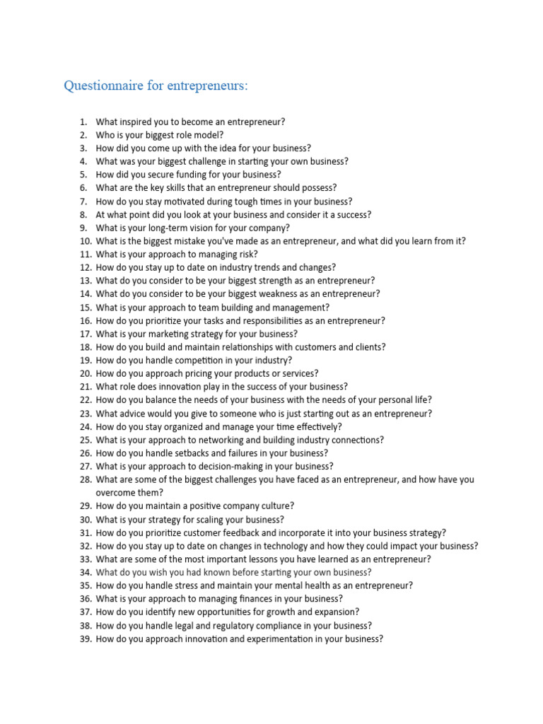 Questionnaire For Entrepreneurs | PDF | Entrepreneurship | Business ...