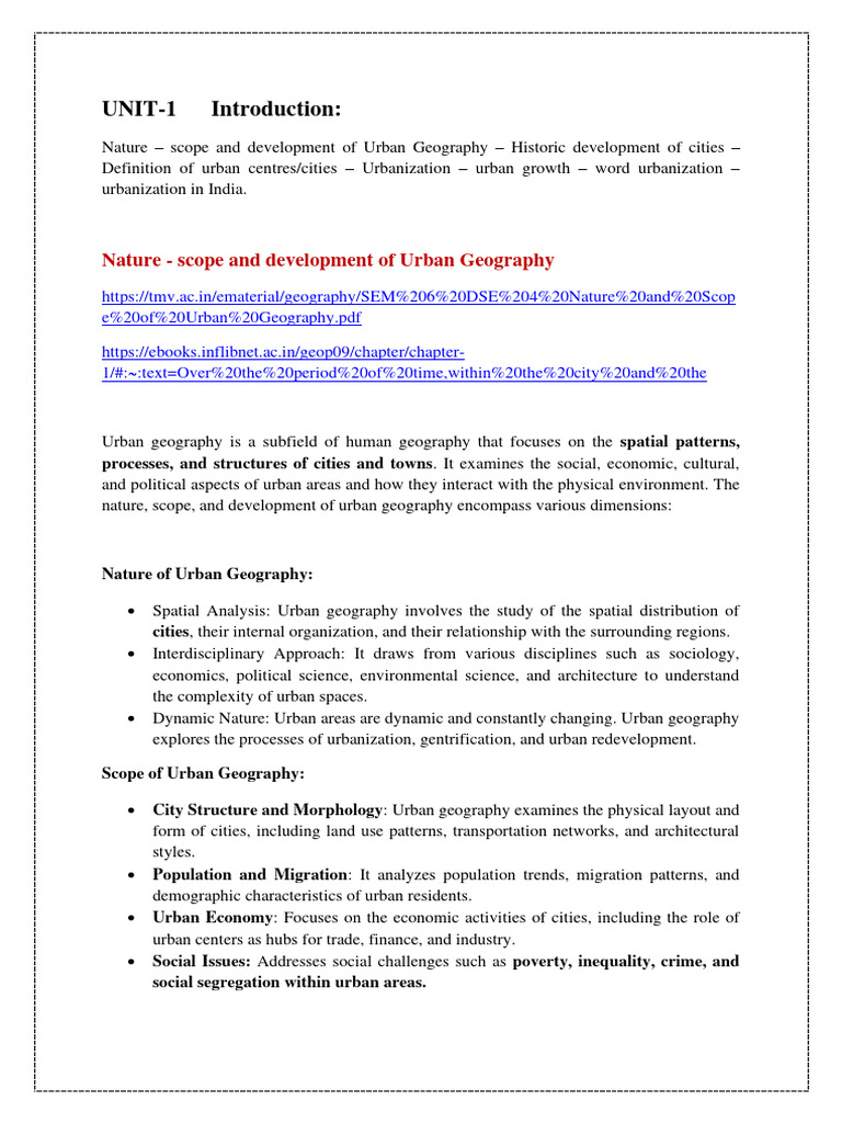 Urban Geography Full Notes | PDF | Urbanization | City