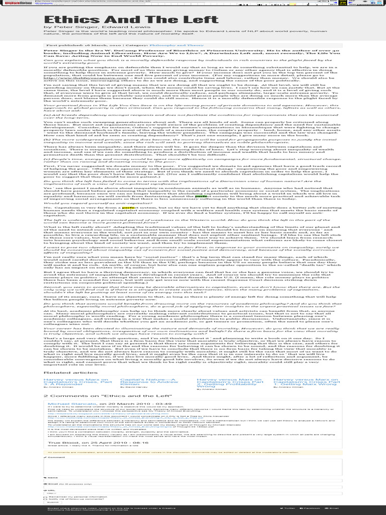 Peter Singer-New Left Project - Ethics and The Left-2010 | PDF