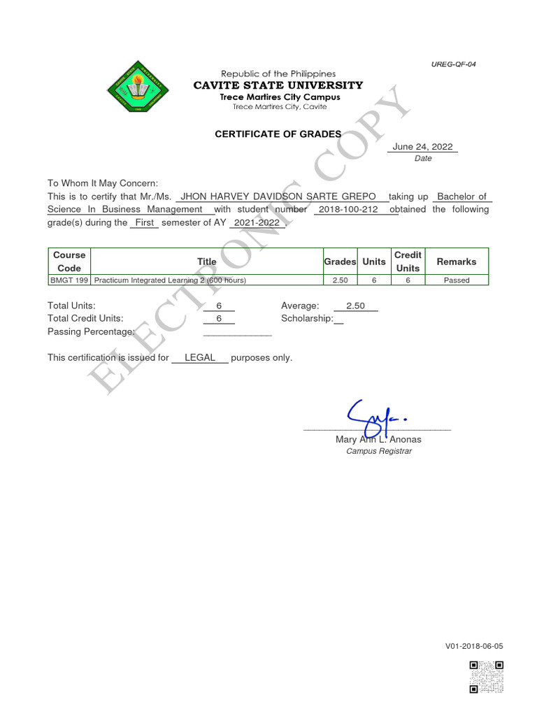 Certification of Grades for Jhon Grepo | PDF