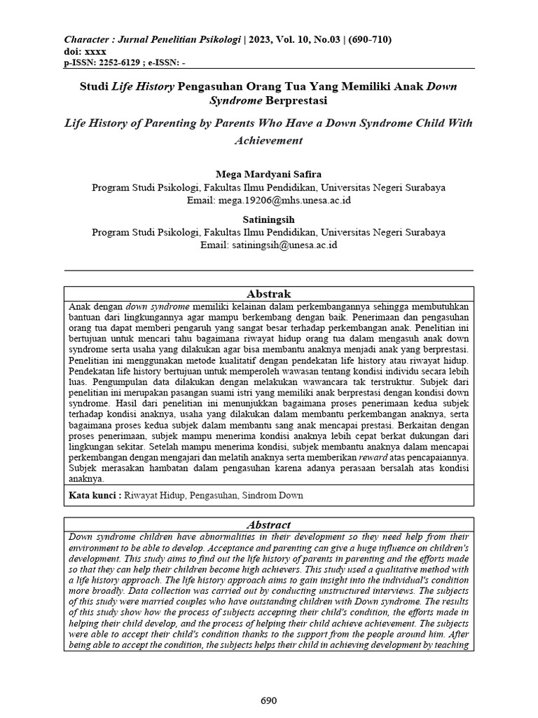 Studi Life History Pengasuhan Orang Tua Yang Memilki Anak Down Syndorme Berprestasi | PDF ...