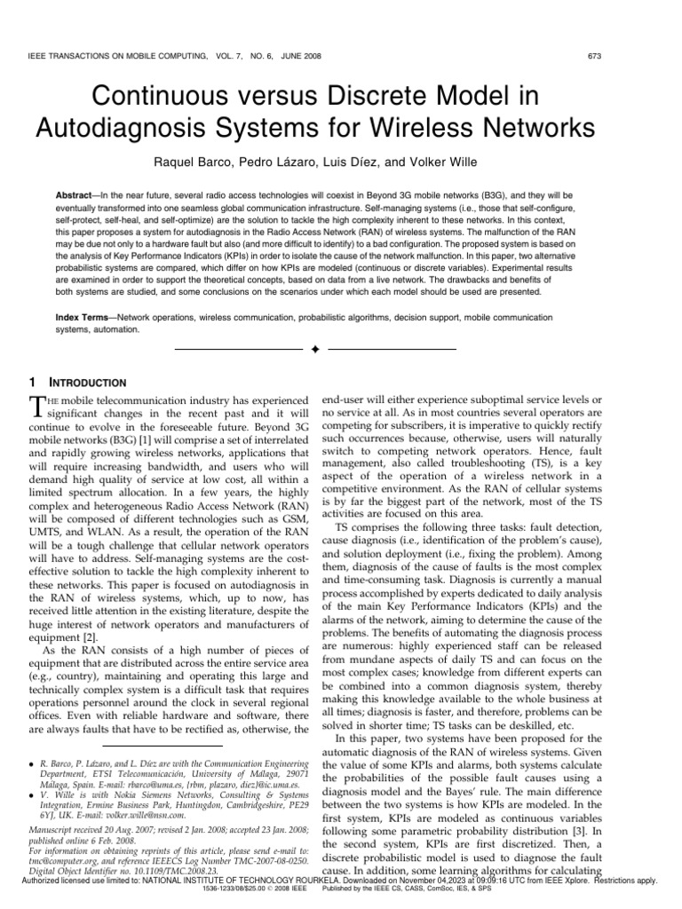 Continuous Versus Discrete Model in Autodiagnosis Systems For Wireless ...