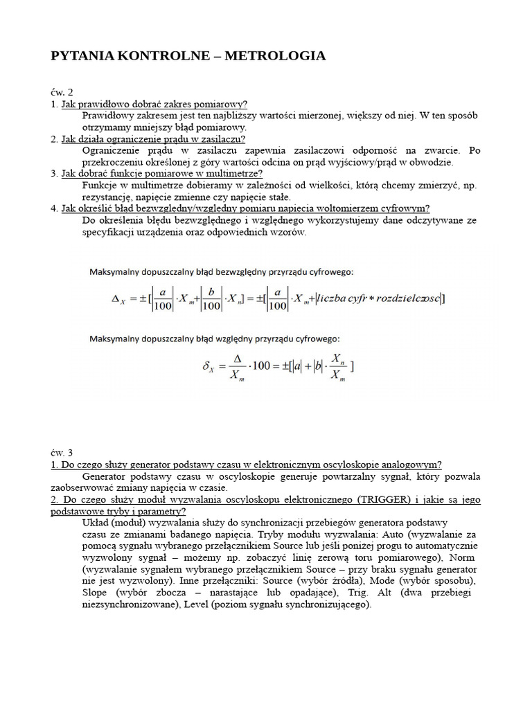 Pytania Kontrolne - Metrologia | PDF