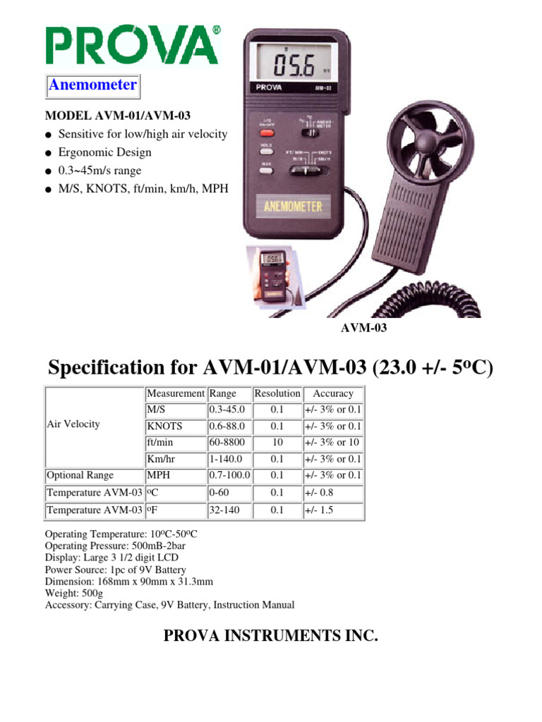 AVM-01 Anemometer Specifications | PDF