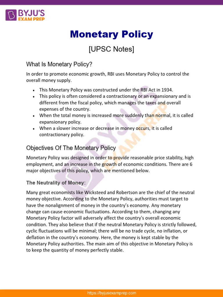 Monetary Policy Upsc Notes 52 | PDF | Monetary Policy | Economics
