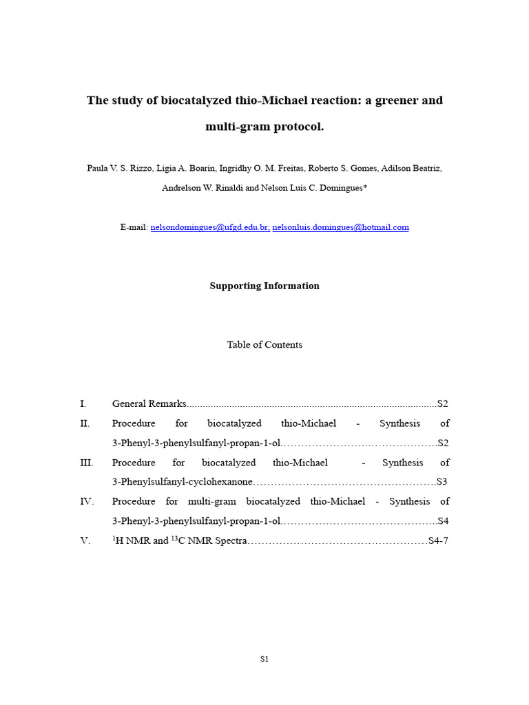 Bio-Catalyzed Thio-Michael Reaction Materials and Procedures | PDF