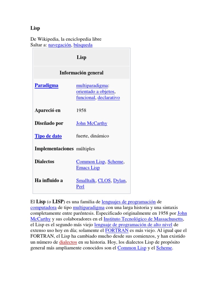Lisp | PDF | Esquema (lenguaje de programación) | Áreas de informática