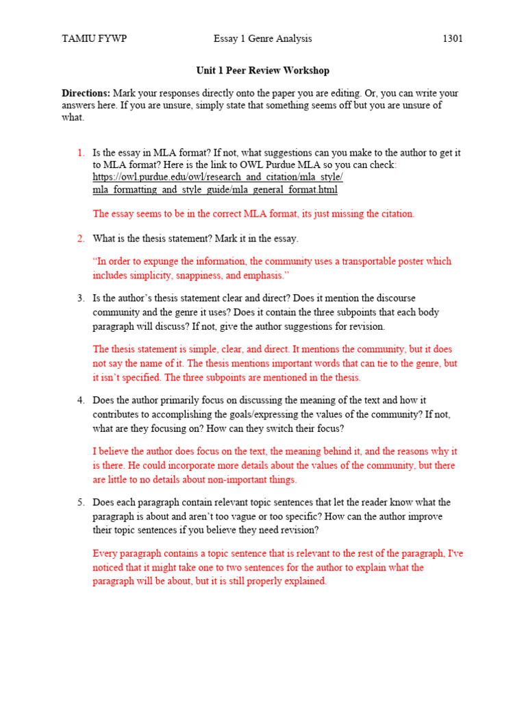 Essay 1 Genre Analysis Peer Review Questions 1 1 | PDF | Essays | Thesis