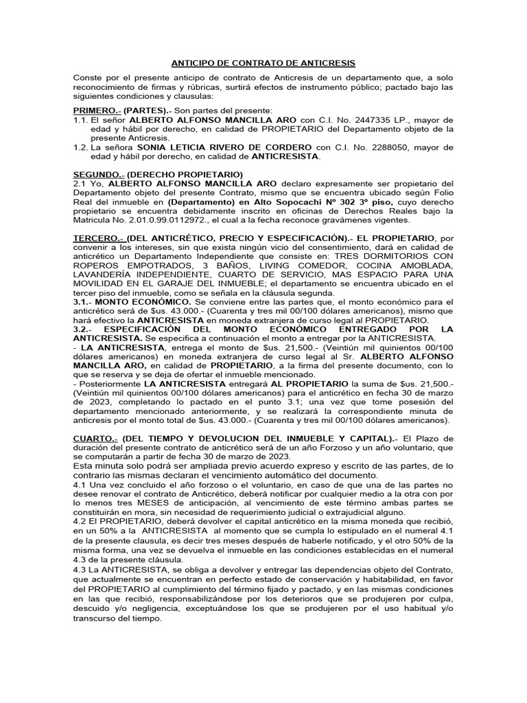 Anticipo de Contrato de Anticretico Sopocachi | PDF | Ley de ...