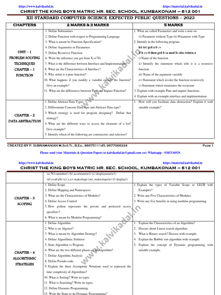 12th Computer Science Expected Public Questions | PDF | Anonymous Function | Sql