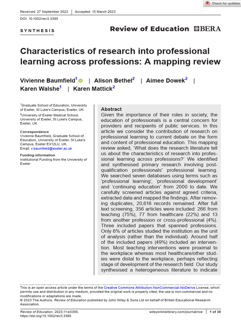 Baumfield Et Al - 2023 - Characteristics of Research Into Professional ...
