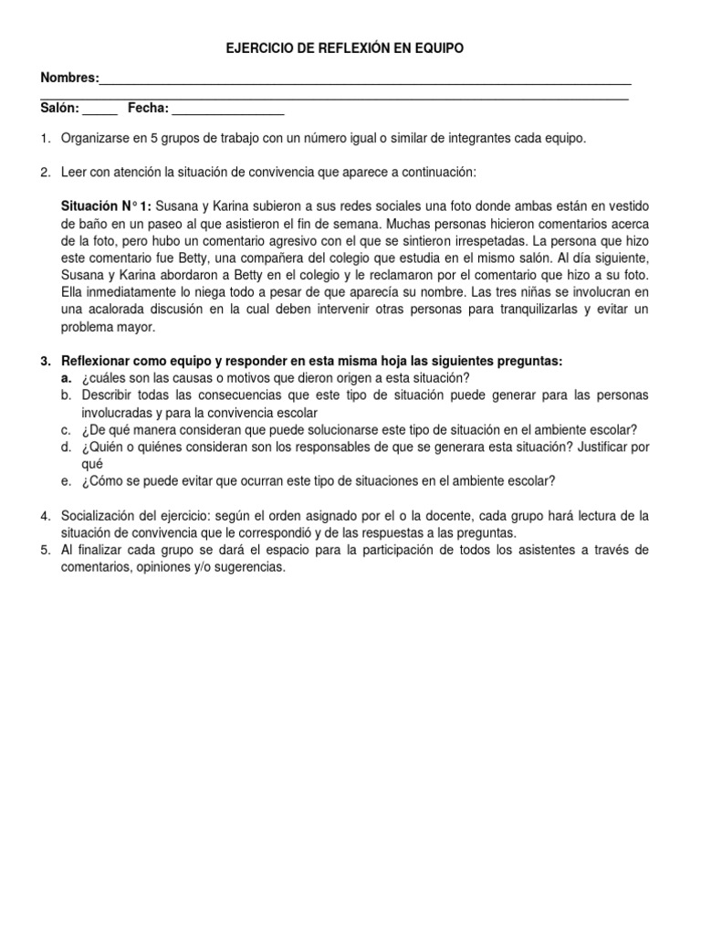 Ejercicio de Reflexión Situaciones de Convivencia | PDF