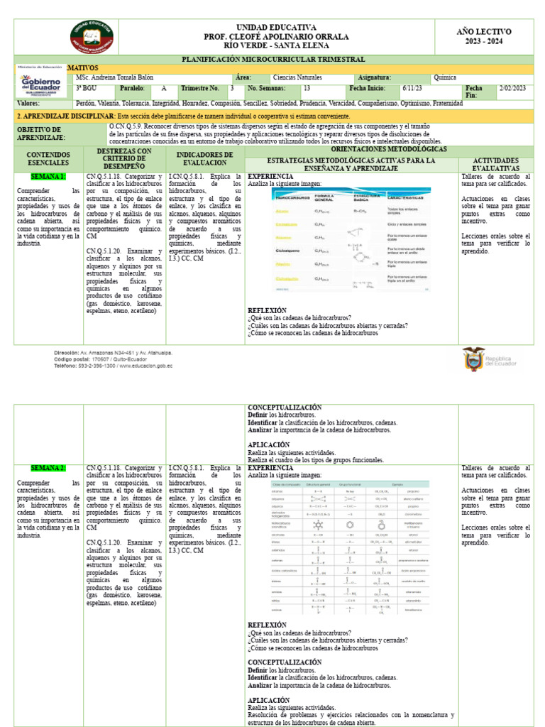 Plan Trim Iii Quim 3° Bgu | Descargar gratis PDF | Hidrocarburos | Alqueno