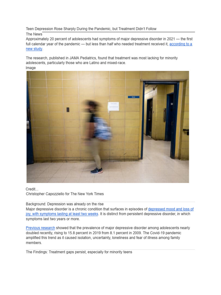 WJ - Teen Depression Rose Sharply During The Pandemic, But Treatment ...