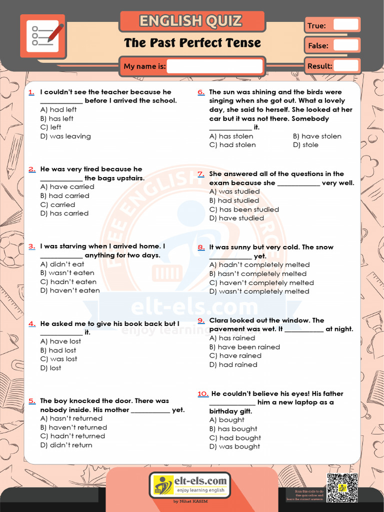 Quiz Past Perfect Tense 1 | PDF