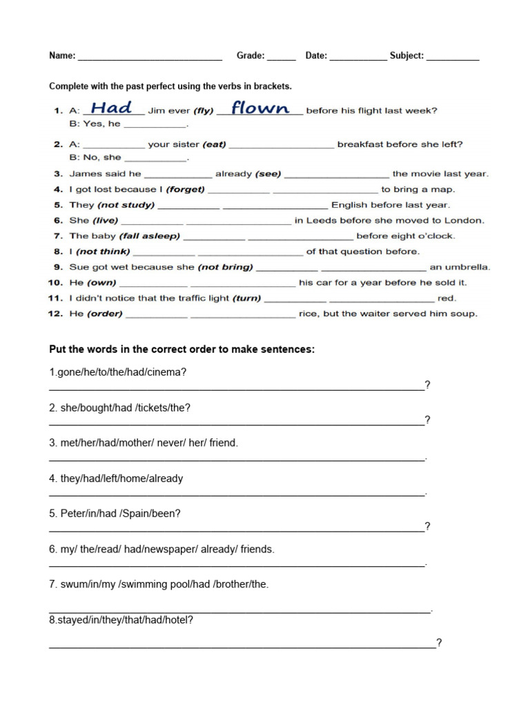 Past Perfect Exam 9th | PDF