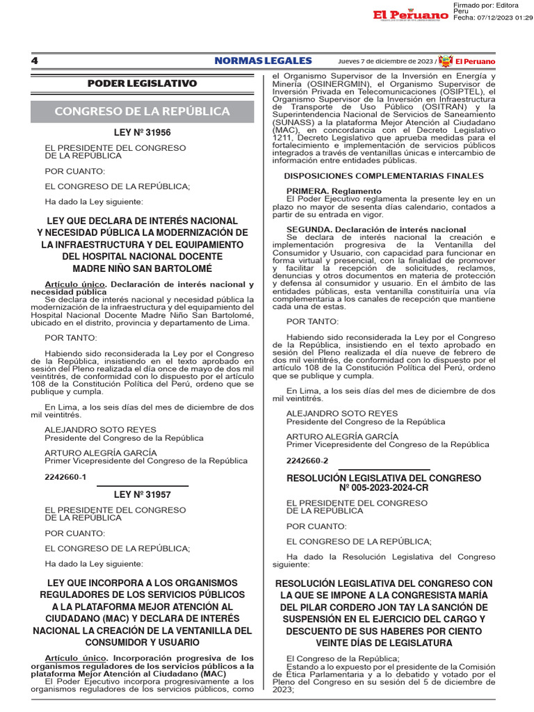 Congreso de La República: Normas Legales | PDF | Perú | Lima