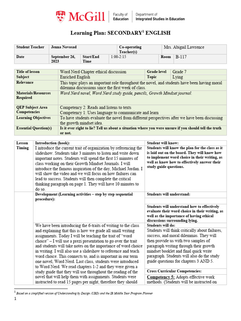 Eval 1 - Lesson Plan | PDF | Mindset | Learning