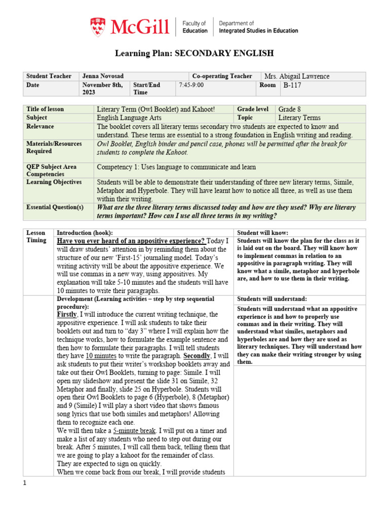 Eval 3 - Lesson Plan | PDF | Metaphor | Learning
