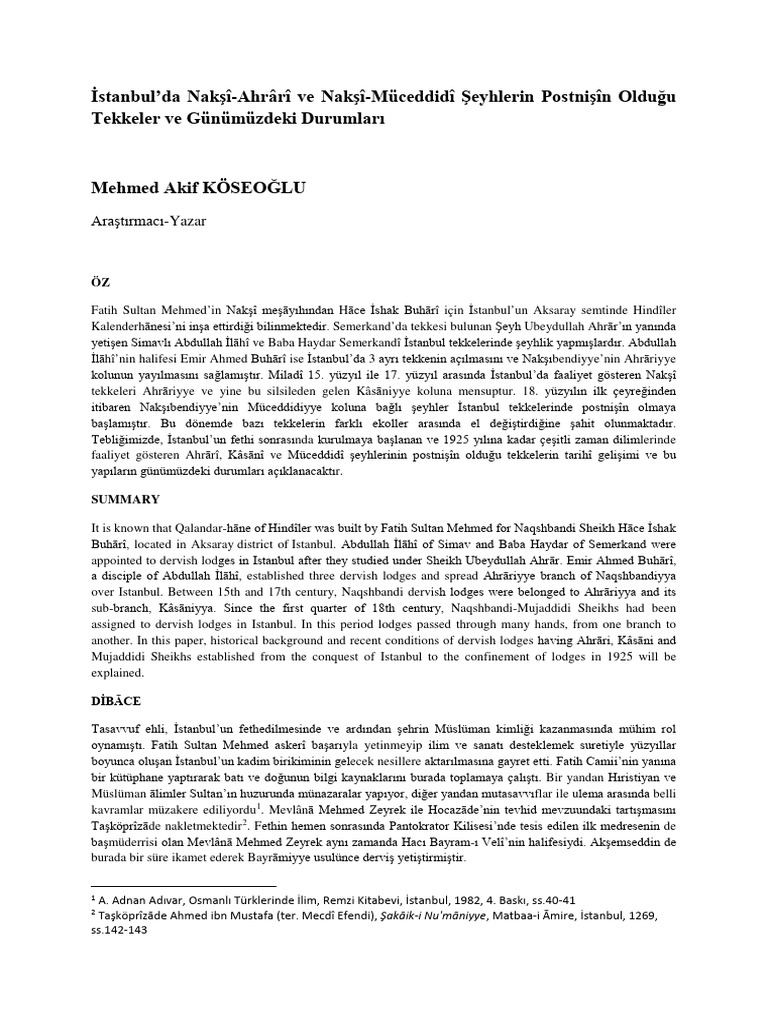 Istanbulda Naksi Ahrari Ve Naksi Muceddi | PDF