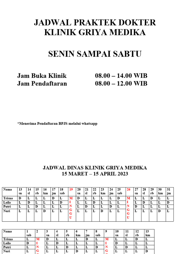 Jadwal Praktik Klinik Griya Medika | PDF