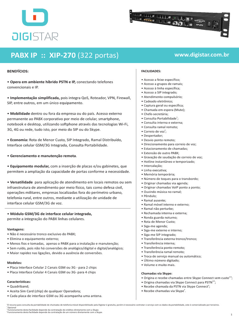 Arquivo-Datasheet Pabx Ip Xip270 | PDF | Telefonia | Voz sobre IP (VoIP)