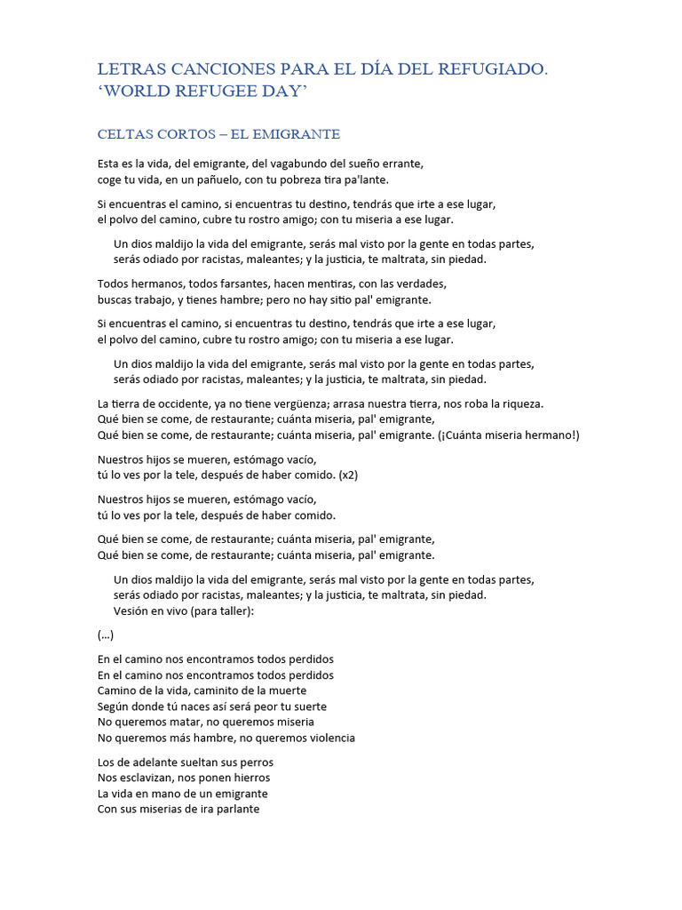 Letras de Canciones sobre Refugiados | PDF | La música rock