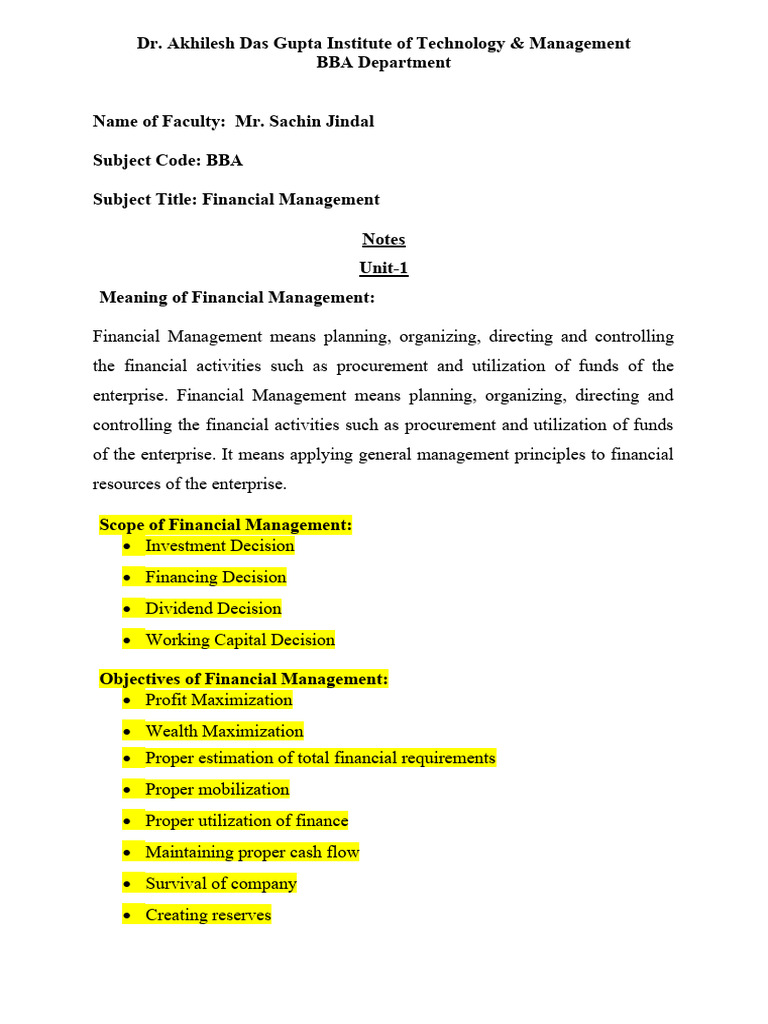 Bba FM Notes Unit I | Download Free PDF | Investing | Financial Capital