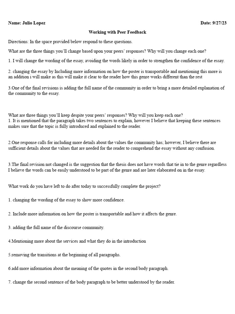 Working With Peer Feedback 1 1 | PDF | Essays | Cognition