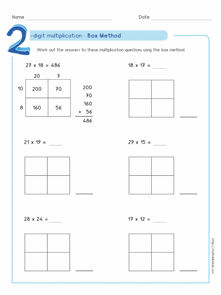 Box Multiplication Partial Products Method 2 Digit by 2 Digit Worksheet ...