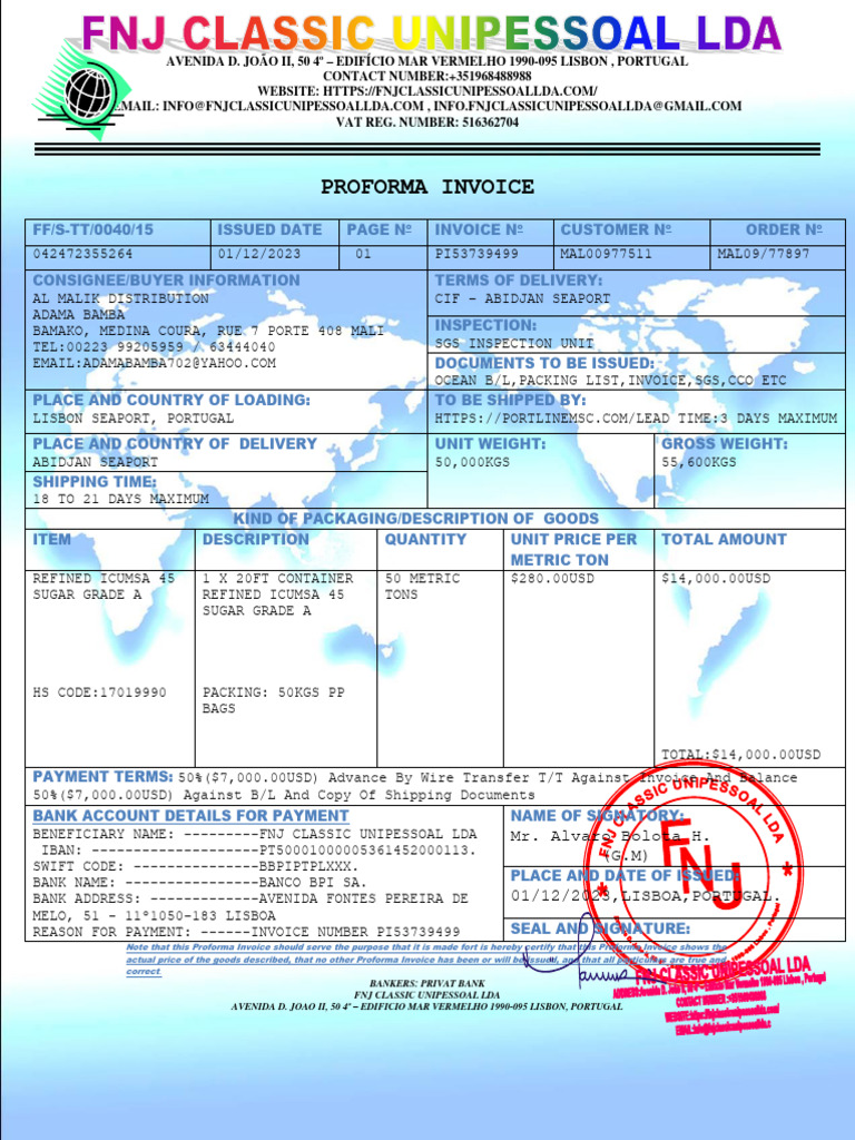 Porforma Invoice For 50 Metric Tons Refined Icumsa 45 Sugar To Abidjan ...