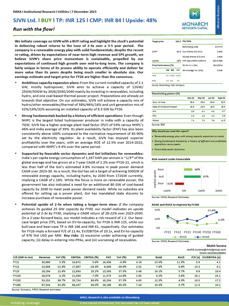 MNCL Initiating Coverage On SJVN LTD With 48% UPSIDE Run With The | PDF