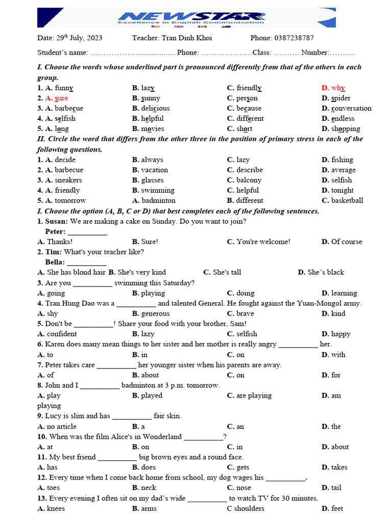 bài tập lớp 6TN ngày 29 tháng 7 | PDF | Linguistics