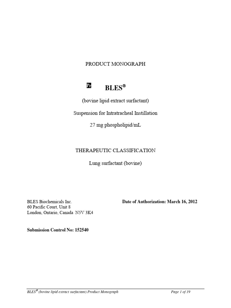 BLES Product Monograph | PDF | Chemistry | Pulmonology