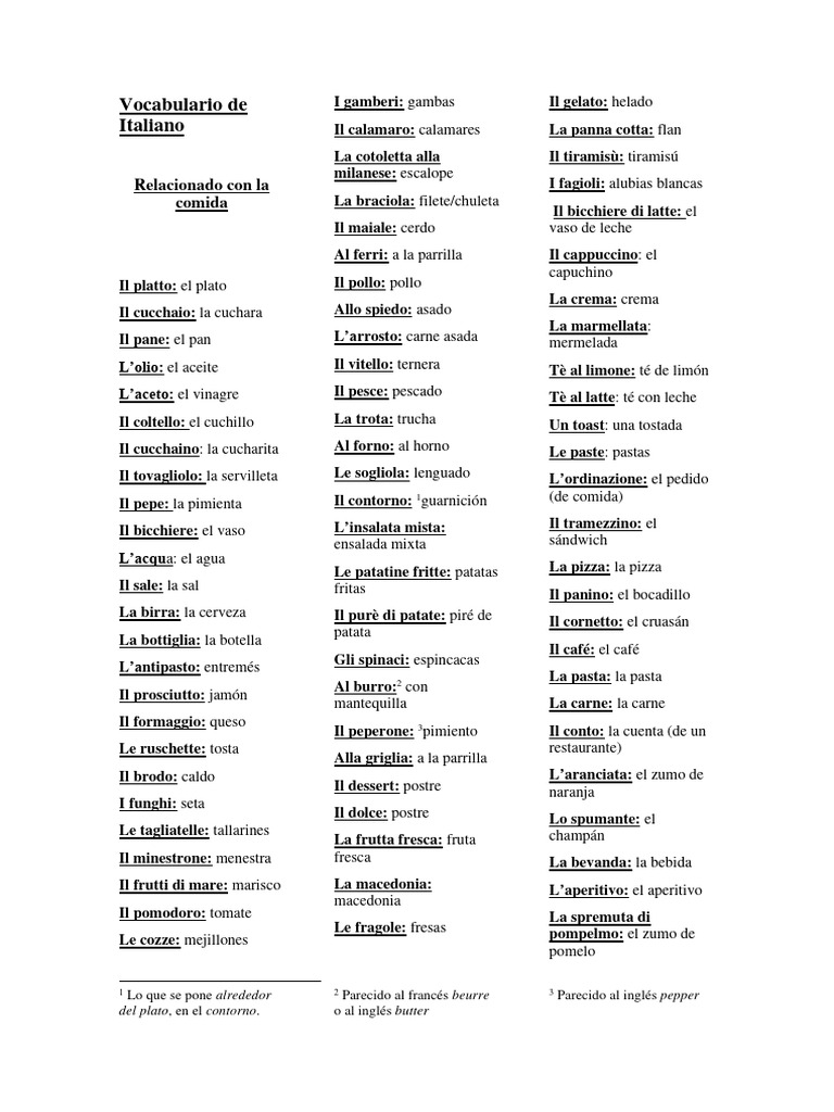 Vocabulario de Italiano | PDF | Cocina italiana | Cocina occidental