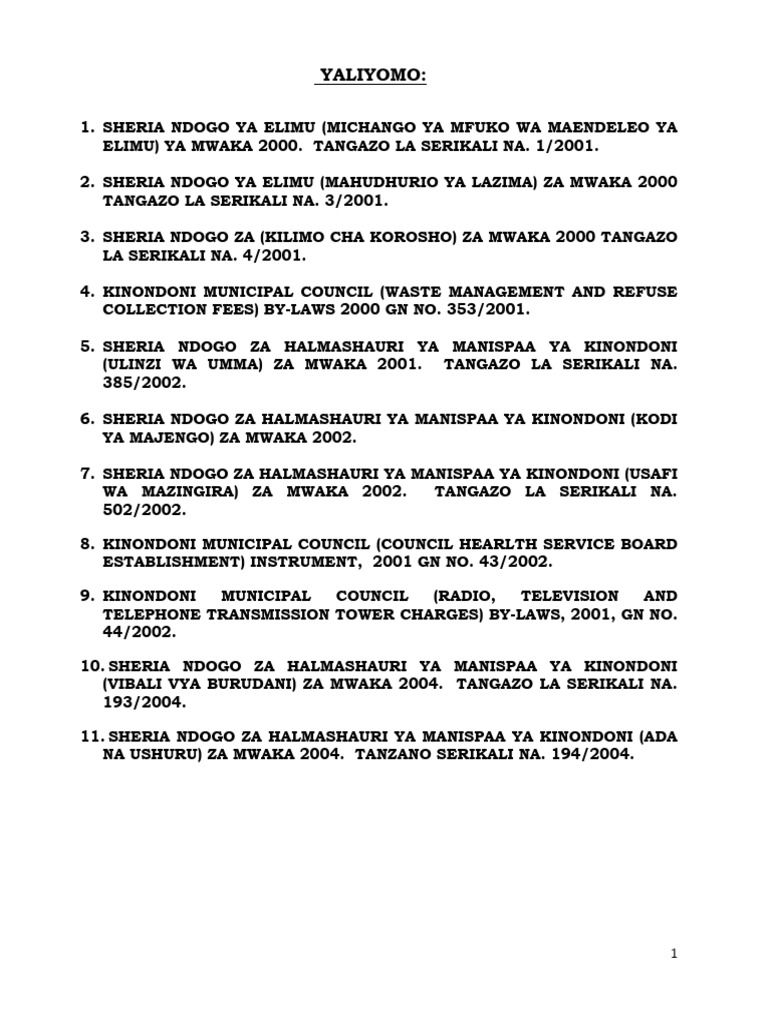 Sheria Ndogo Ndogo Za Halmashauri | PDF