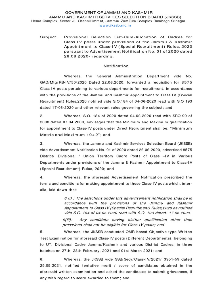 Revised Merit List Notice Class IV Final With Annexure | PDF