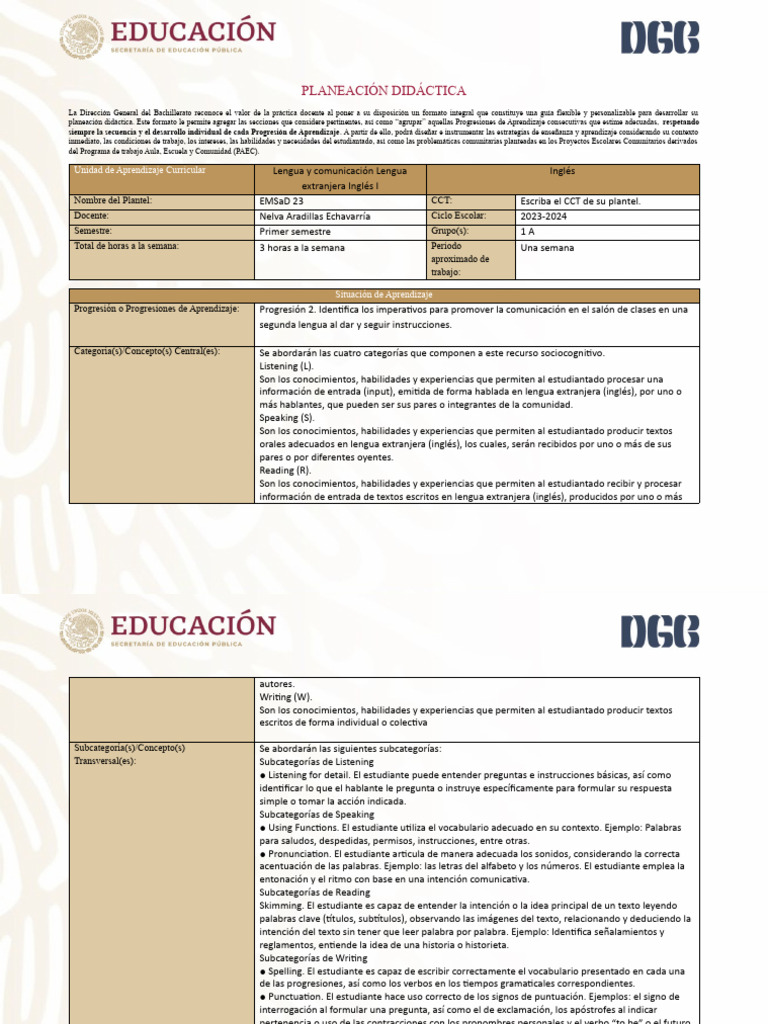 PLANEACIÓN DIDÁCTICA Inglés 1 Progresión 2 | PDF | Evaluación | Enseñando