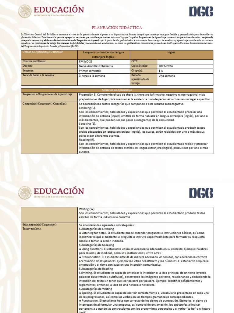 PLANEACIÓN DIDÁCTICA Inglés 1 Progresión 5 | PDF | Enseñando | Aprendizaje